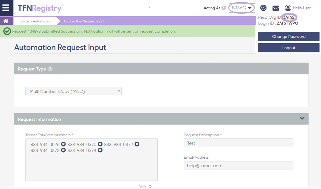 TFNRegistry UI: How do I Use the Acting As Feature for the MNC Page? – Somos